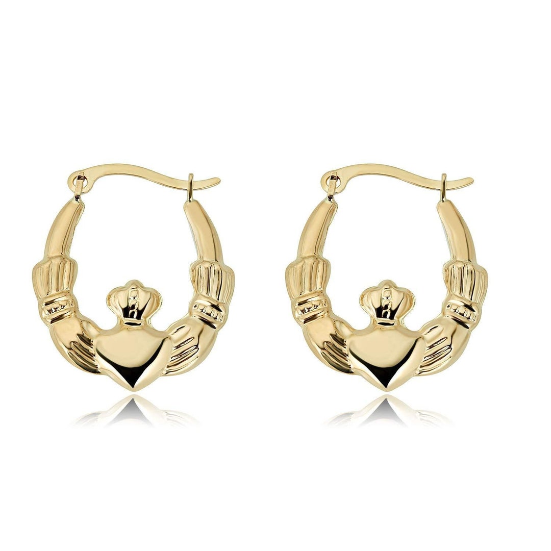 14K Gold Polished Claddagh Hoop Earrings - Yellow or White Gold - Etsy