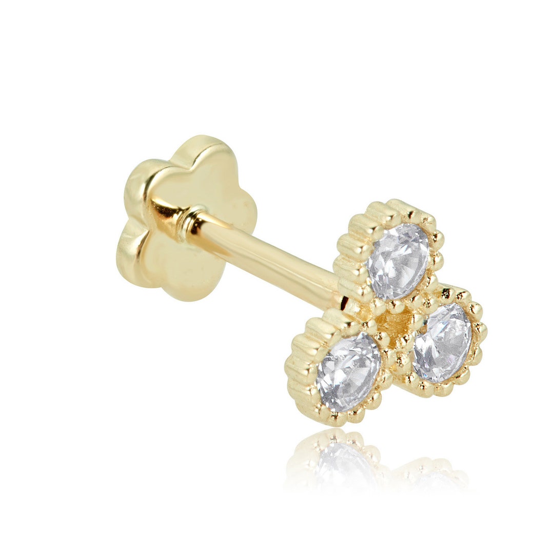 14K Gold CZ Triangle Cartilage Earring: 18G Flat Back Piercing - Etsy