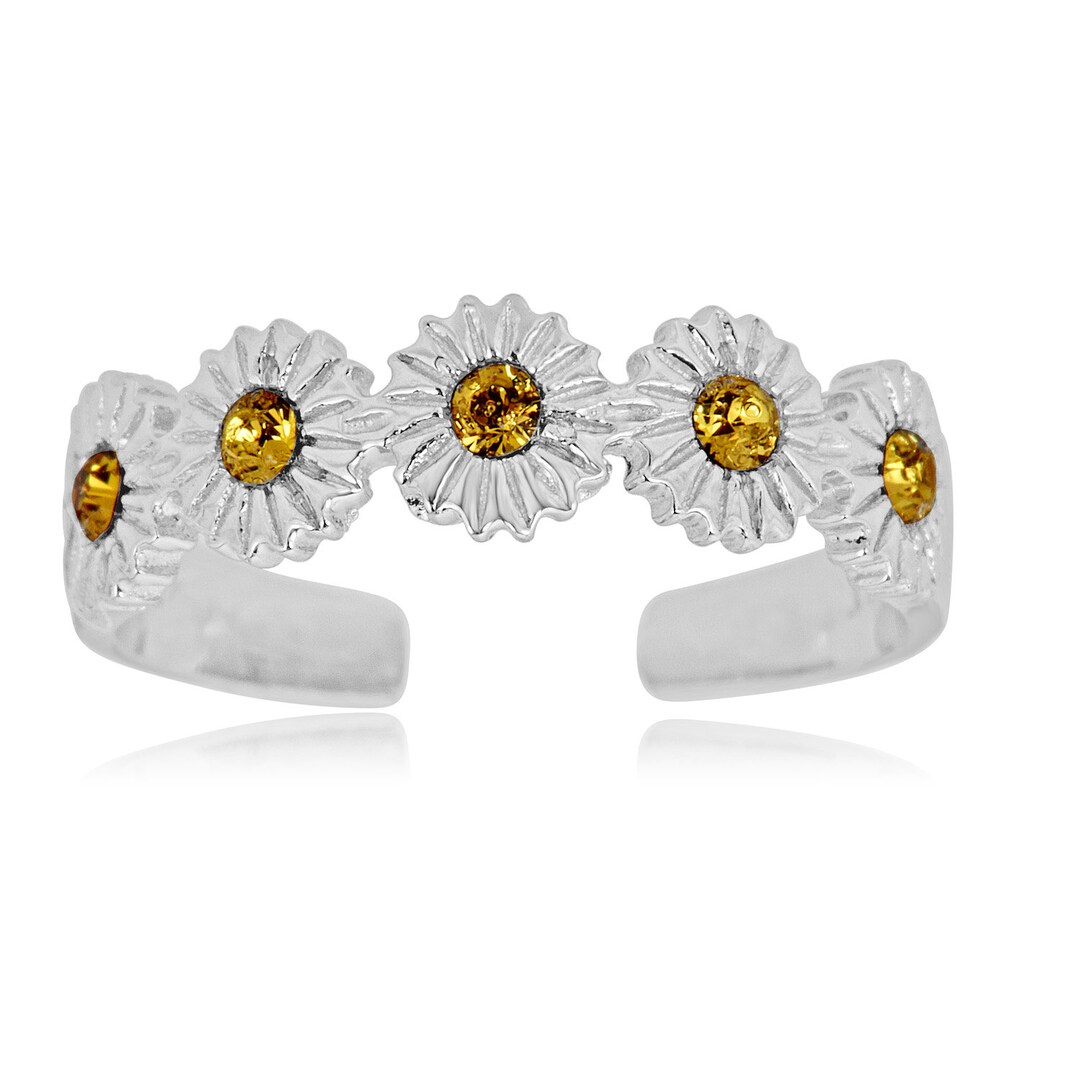 925 Sterling Silver Adjustable Flower Toe Ring With Simulated Diamond ...