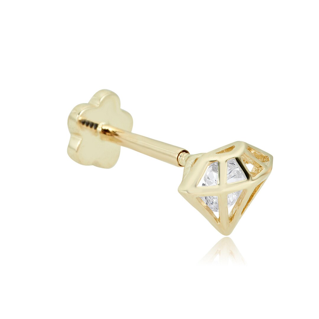 14K Gold CZ Diamond Cage Cartilage Piercing: 18 Gauge Flat Back Earring ...