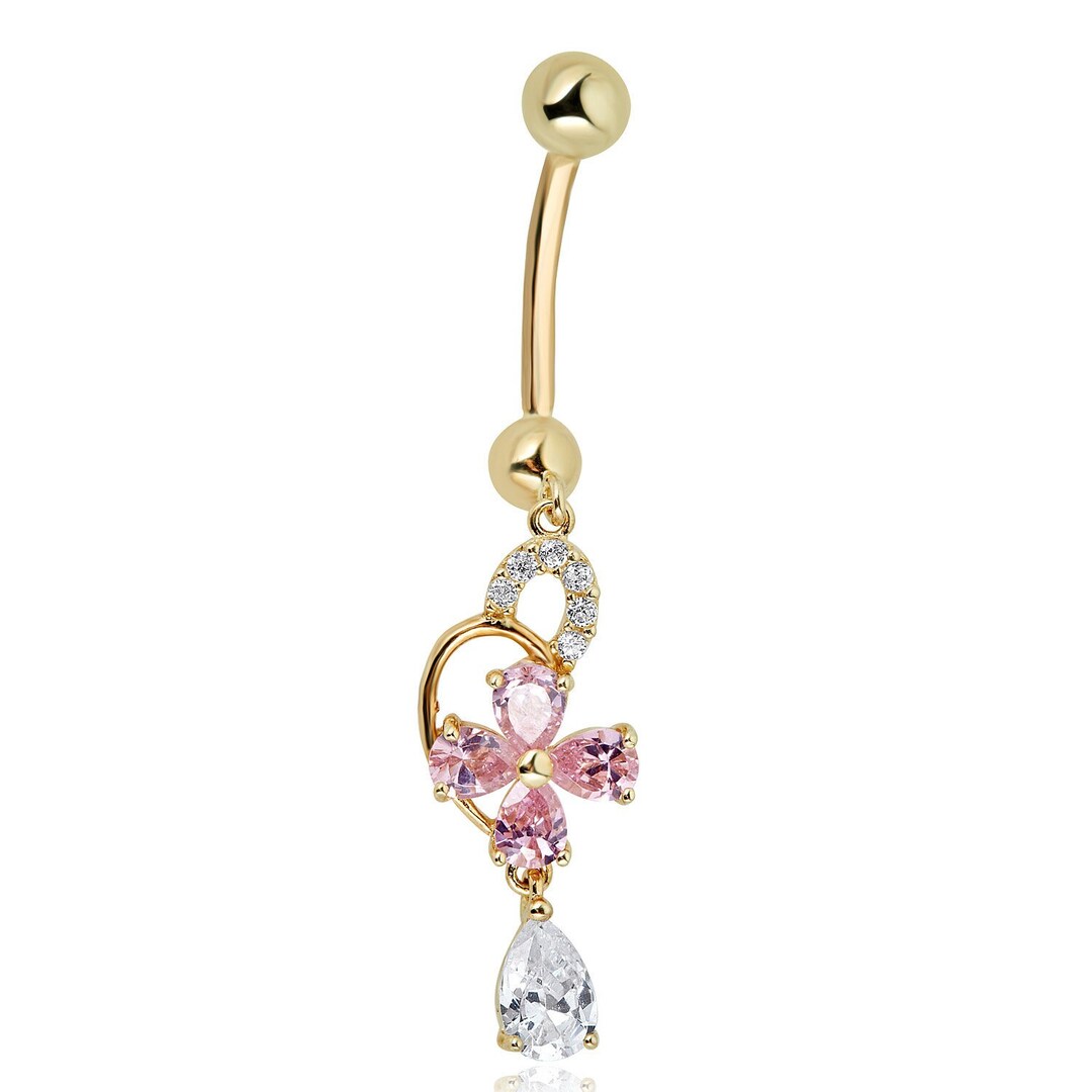 10K Gold Pink Flower Belly Button Ring: CZ Simulated Diamond Dangle - Etsy