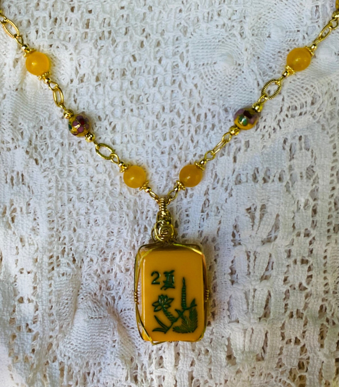 Vintage Mahjong Tile (wire Wrapped) Suspended on a Chain of Cloisonne ...