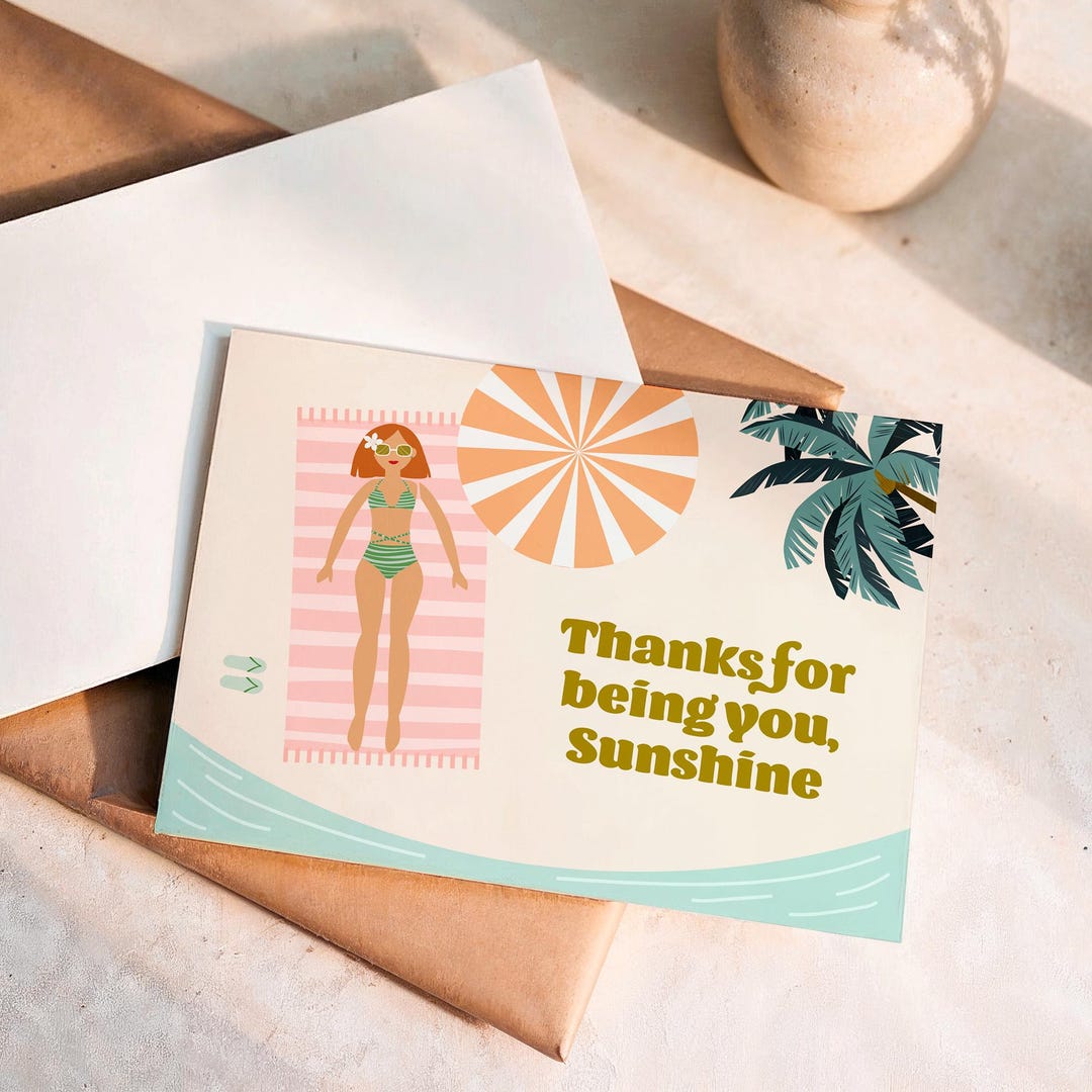 Retro Summer Thank You Card Printable Sunshine Greeting Card Beach ...