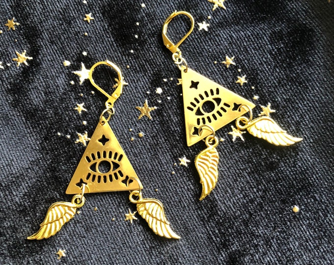 All Seeing Eye Accurate Angel Wing Seraphim Occult Gold Drop Earrings ...