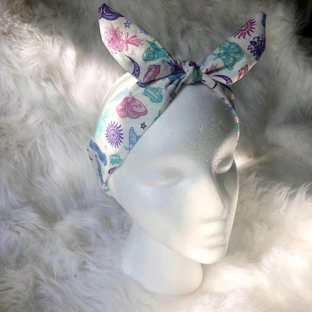 Pastel Goth Mystic Moon Moths and Crystals Bunny Ears Bow Headband ...