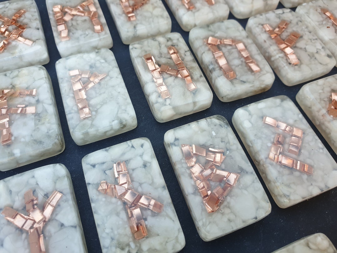 Nordic Runes Elder Futhark White Alabaster Copper, Viking Runes Crystal ...