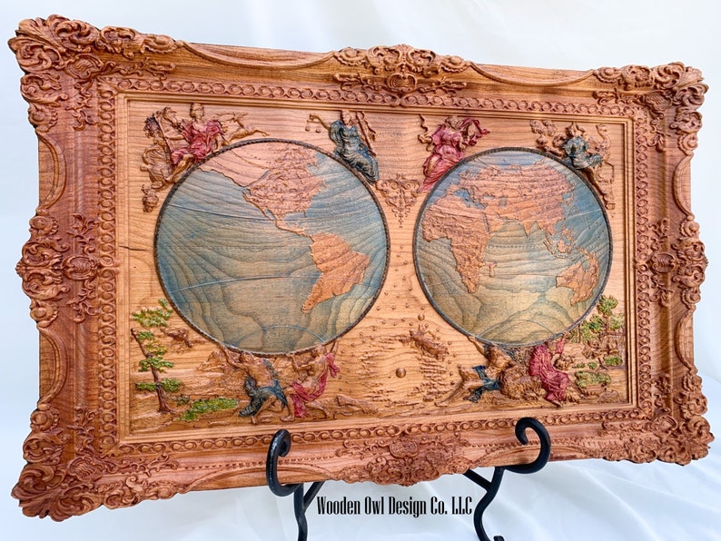 World Map Wood Carving, World Map 3D Wood Carving, Hand Painted Wood ...