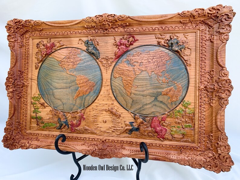 World Map Wood Carving, World Map 3D Wood Carving, Hand Painted Wood ...