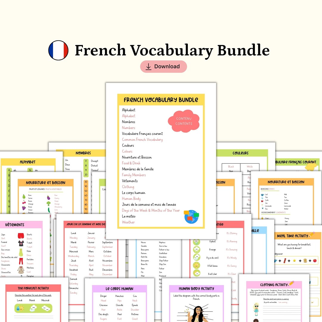 French Vocabulary Worksheets, Language Learning for Beginners, Digital ...
