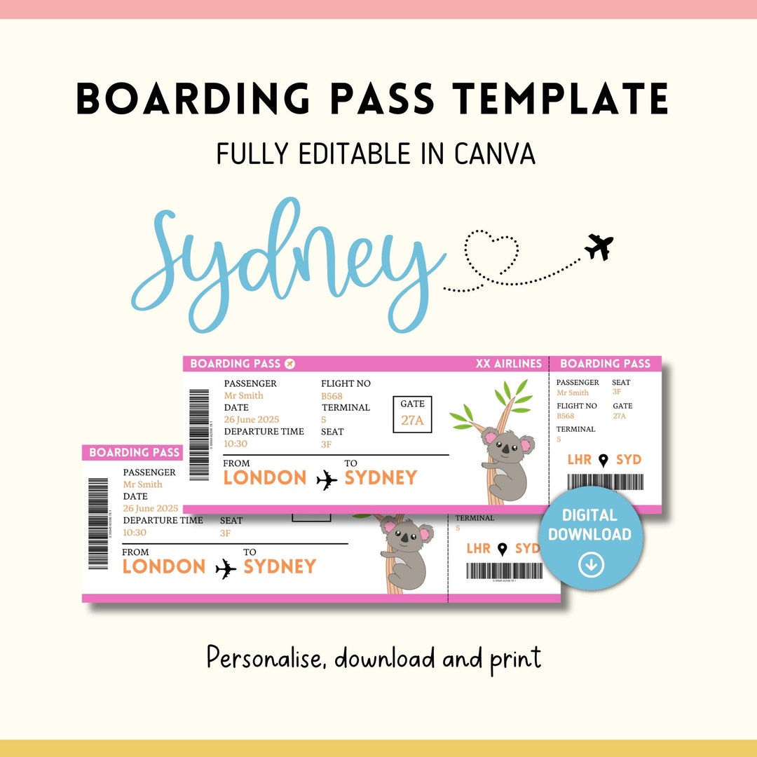 Boarding Pass Template Sydney, Australia Editable CANVA Ticket Template ...