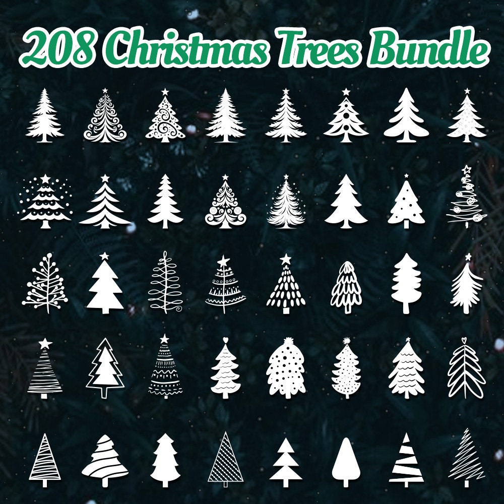 208 Bundle de sapin de Noël SVG, contour de sapin de Noël, décorations ...