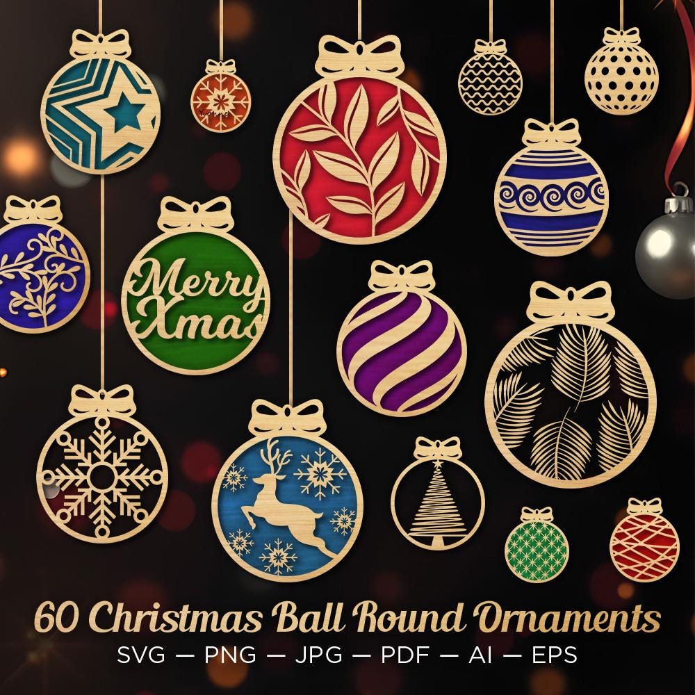 60 Christmas Ornament Svg Bundle, Christmas Balls Svg, Laser-cut Bauble ...