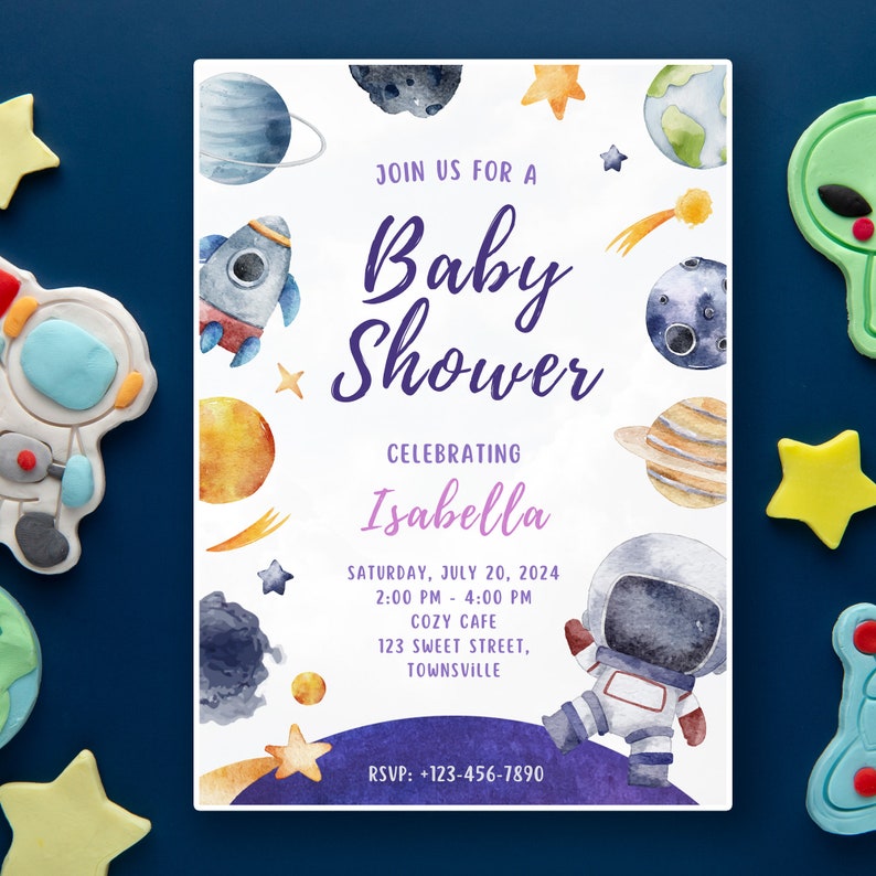 Outer Space Astronaut Baby Shower Birthday Invitation Template, Planets ...