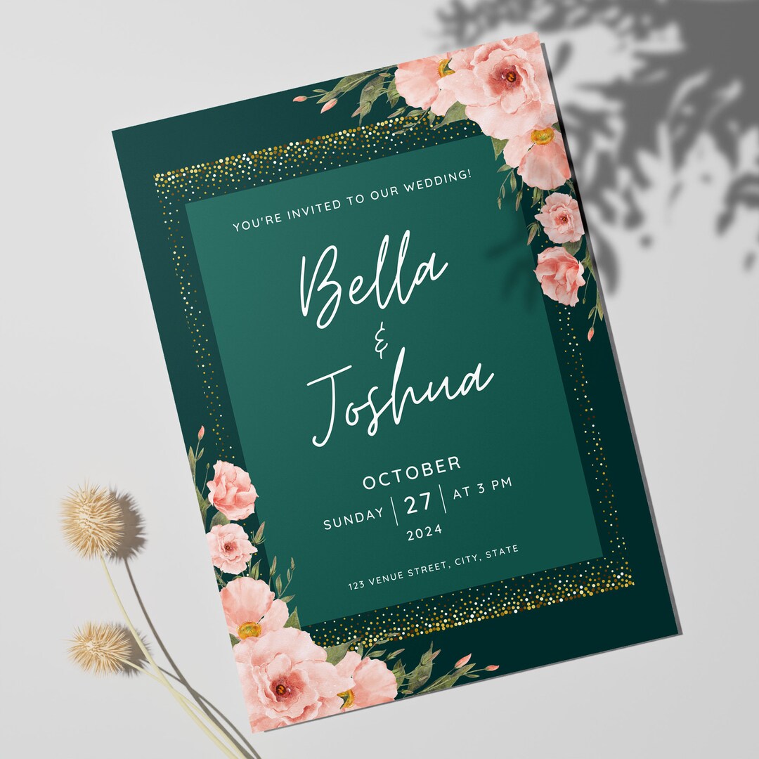 Emerald Green Floral Wedding Invitation Template, Printable Wedding Invitation, Wedding ...