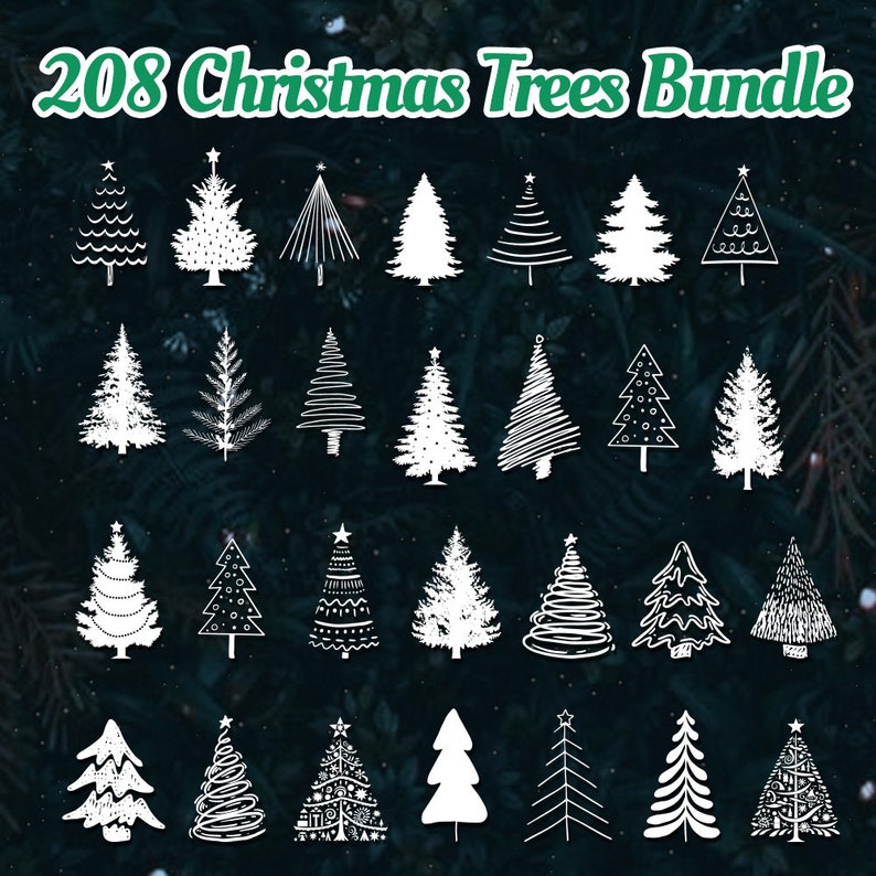 208 Bundle de sapin de Noël SVG, contour de sapin de Noël, décorations ...