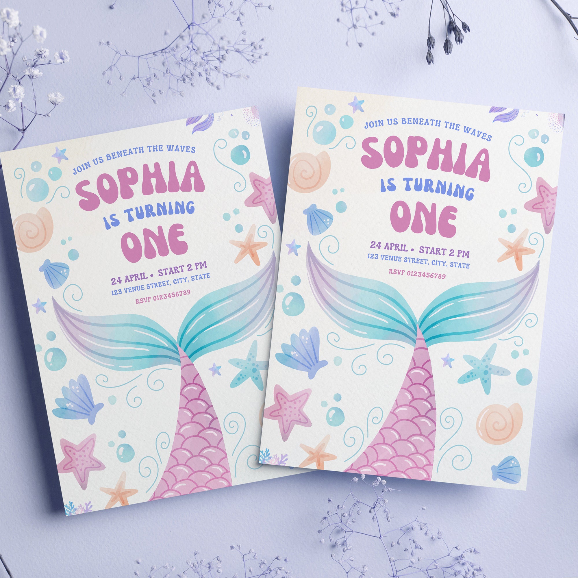 Girls Mermaid Sea Theme, Party Digital Invitation Template, Mobile ...