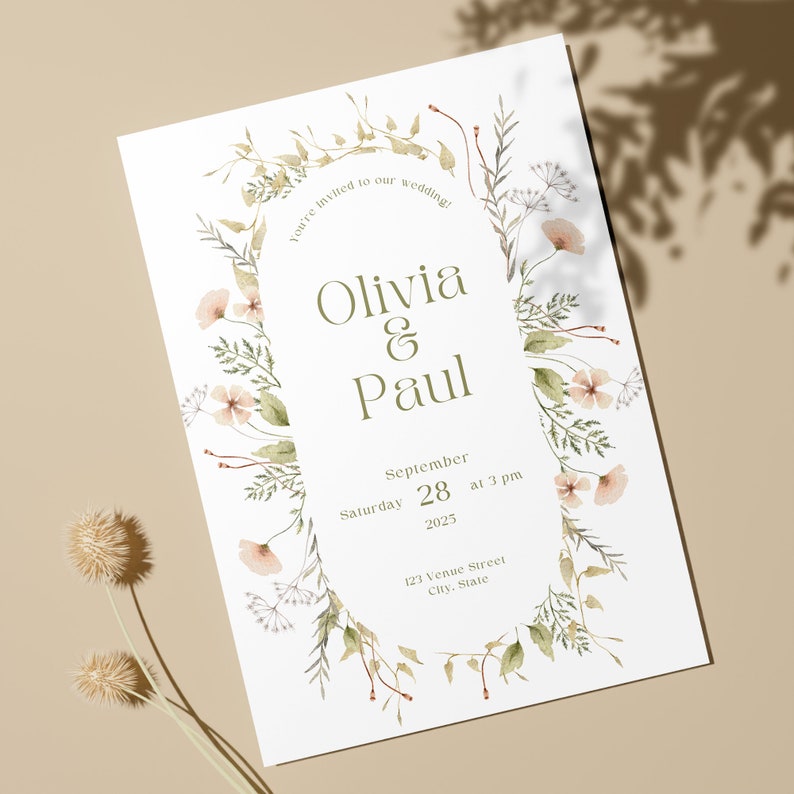Wildflower Wedding Invitation Template, Printable Wedding Invitation ...
