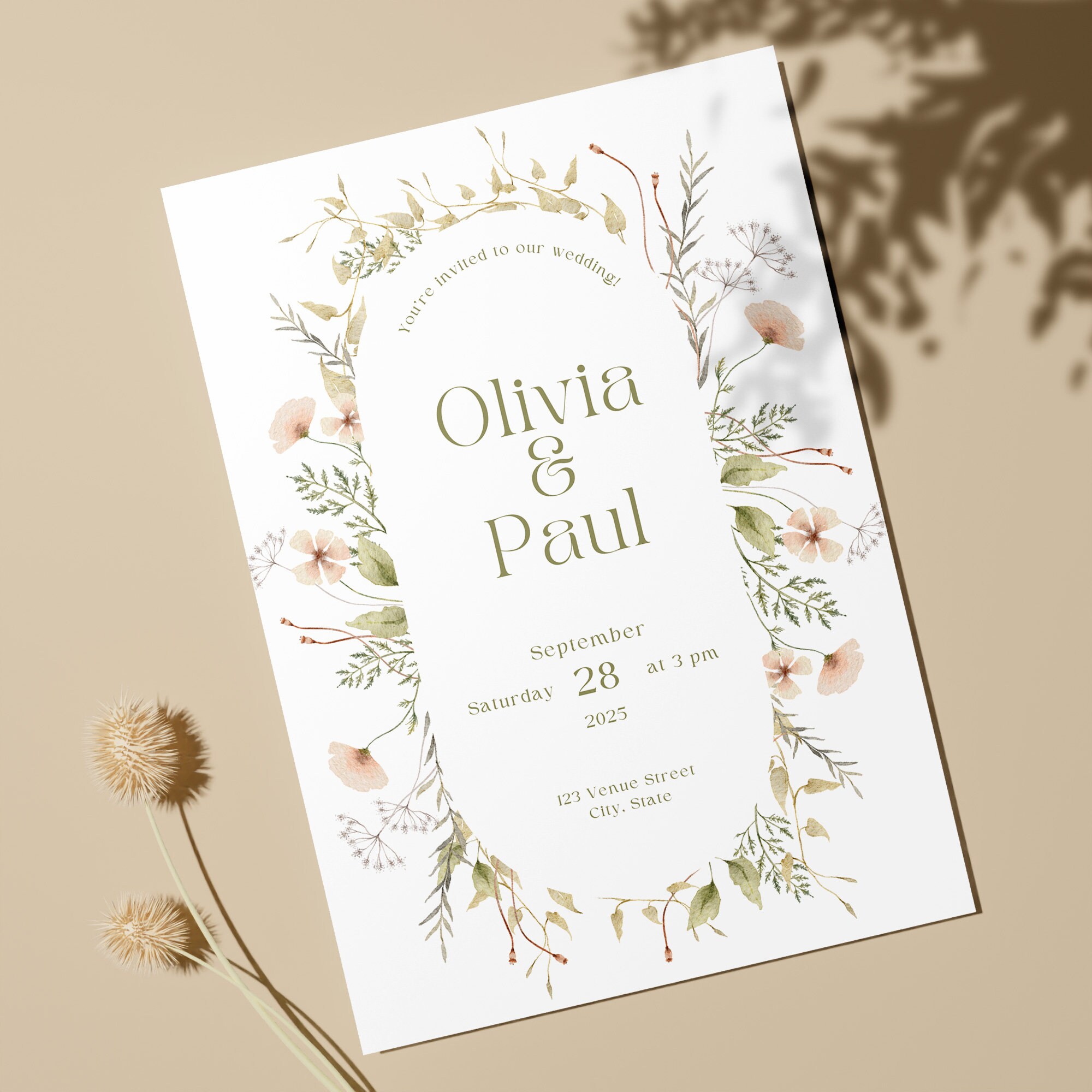 Wildflower Wedding Invitation Template, Printable Wedding Invitation ...