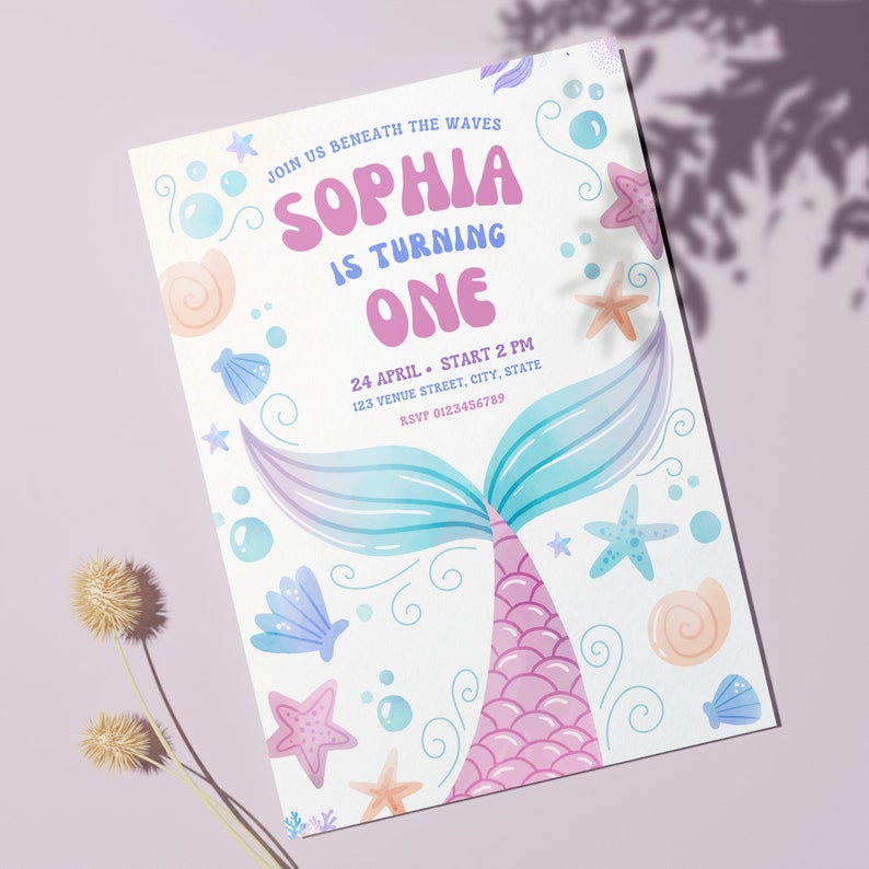 Girls Mermaid Sea Theme, Party Digital Invitation Template, Mobile ...