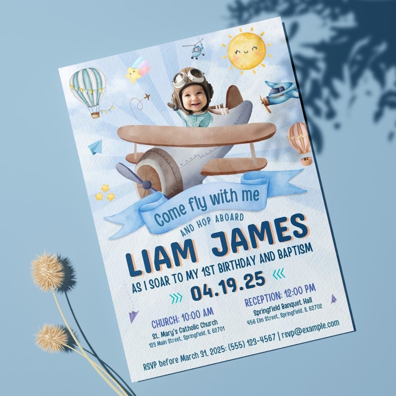 Pilot Aviator Birthday Baptismal Invitation With Baby Picture, Jet ...
