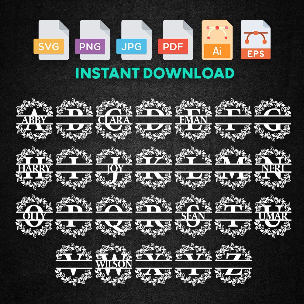 Monogram Alphabet Svg, Monogram Split Letter Svg, Floral Wreath Svg ...
