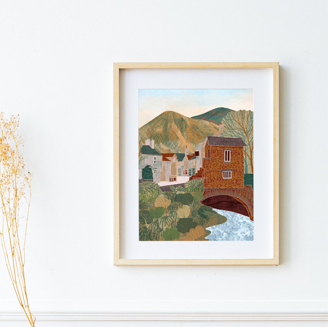 Ambleside Art Print: Lake District Bridge House Landscape Illustration ...