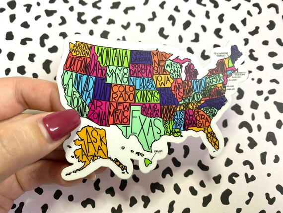 Colorful US Map Labeled Vinyl Sticker Laptop Water Bottle | Etsy