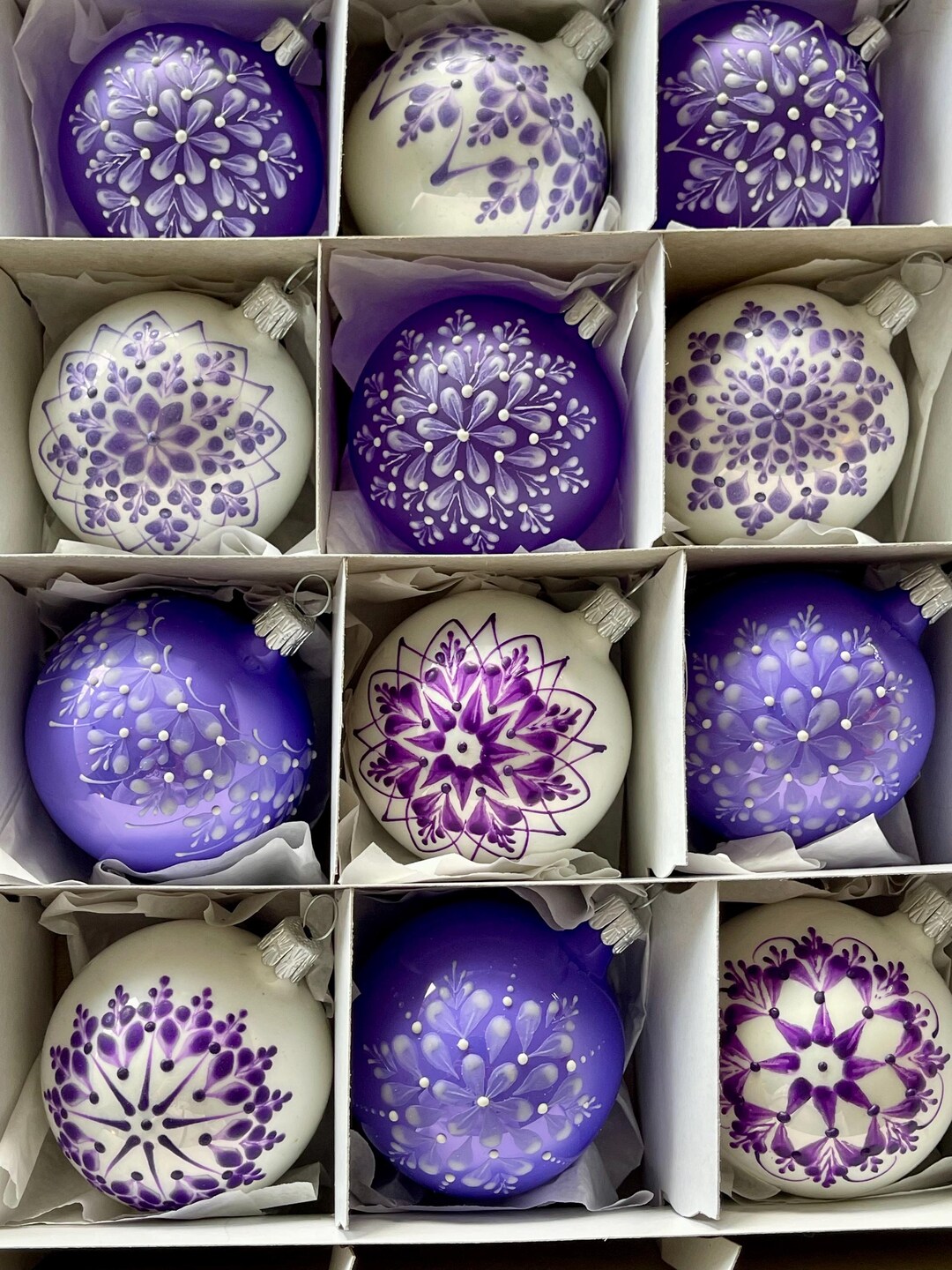 SET of 12 Hand-painted Christmas Baubles, Purple MIC With Wax ...