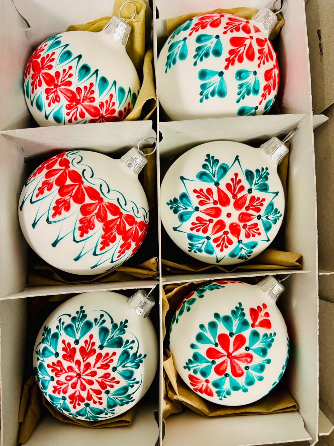 SET of 6 Hand-painted Christmas Baubles, Matte White With Green and Red ...