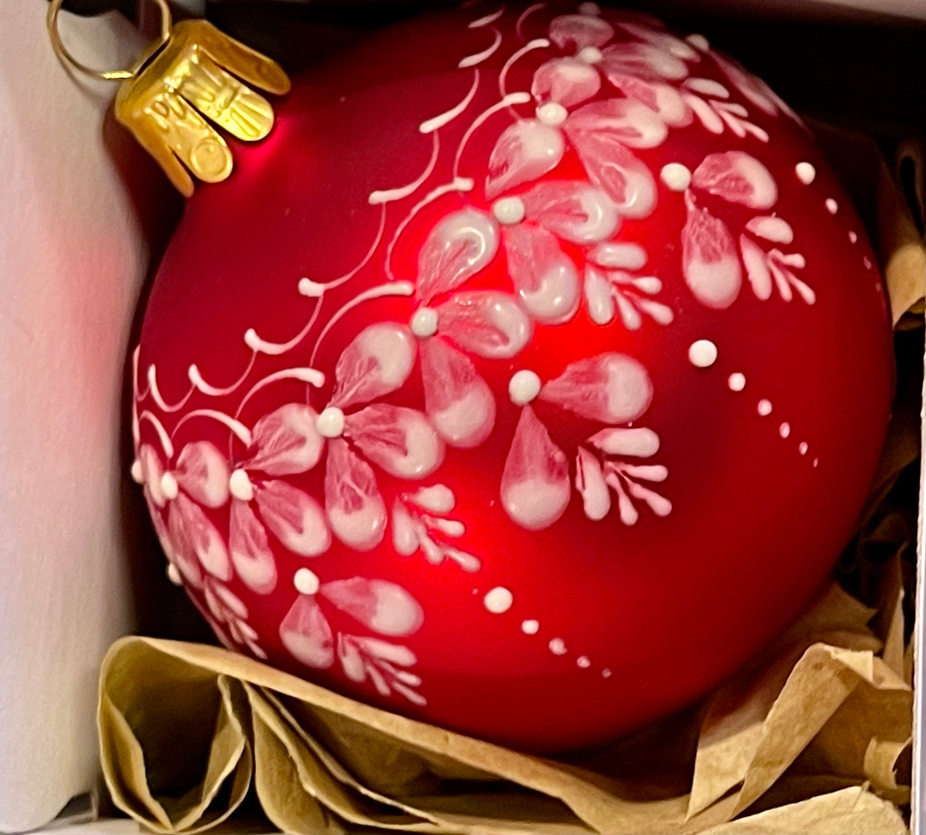 SET of 12 Hand-painted Christmas Baubles, Matte Red With White Wax ...
