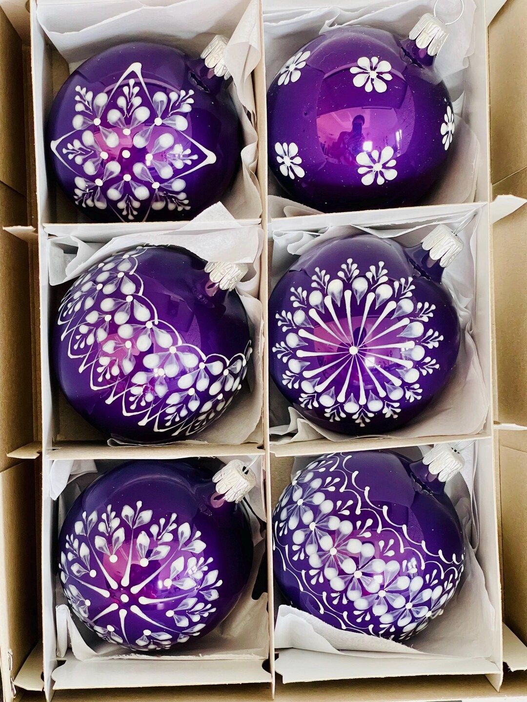 SET of 6 Hand-painted Christmas Baubles, Glossy Purple With White Wax ...