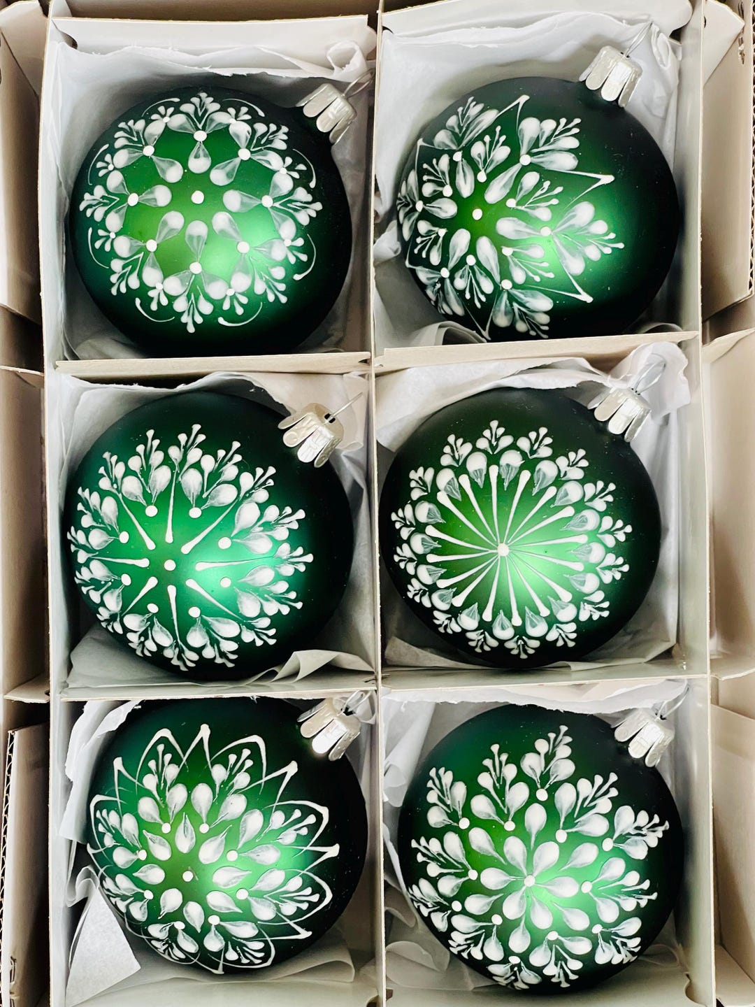 SET of 6 Hand-painted Christmas Baubles, Green Matte and White Wax ...