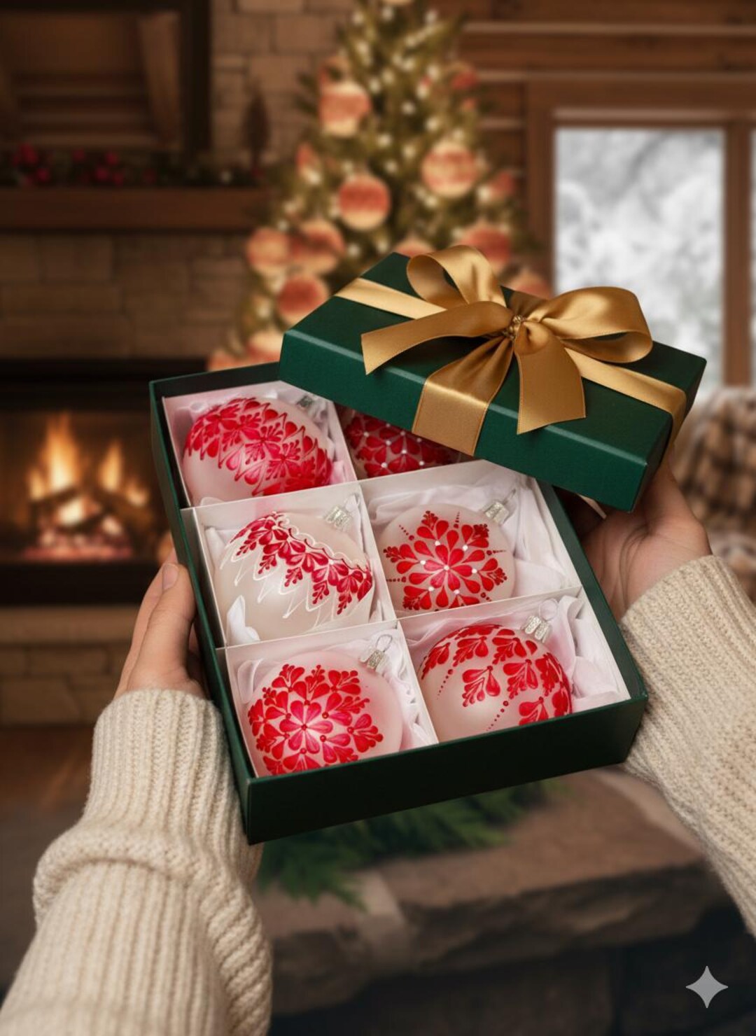 SET of 6 Hand-painted Christmas Baubles, Milky White With White and Red ...