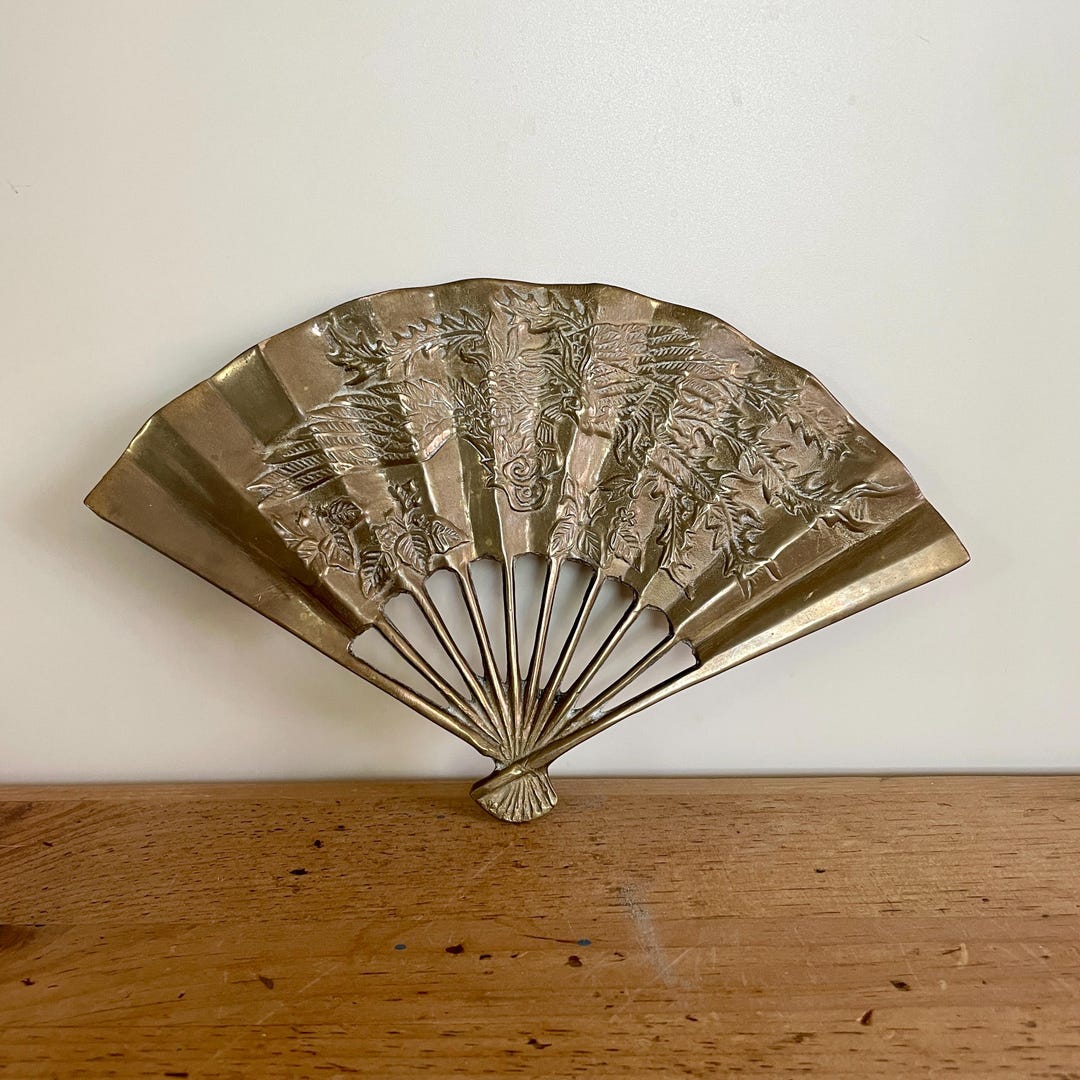 Vintage Brass Hand Fan Decor, Brass Wall Fan, Dragon Phoenix, Made in ...