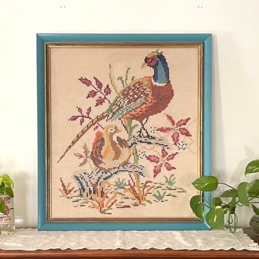 Large Vintage Framed Cross Stitch of Male and Female Pheasants, Mccall ...