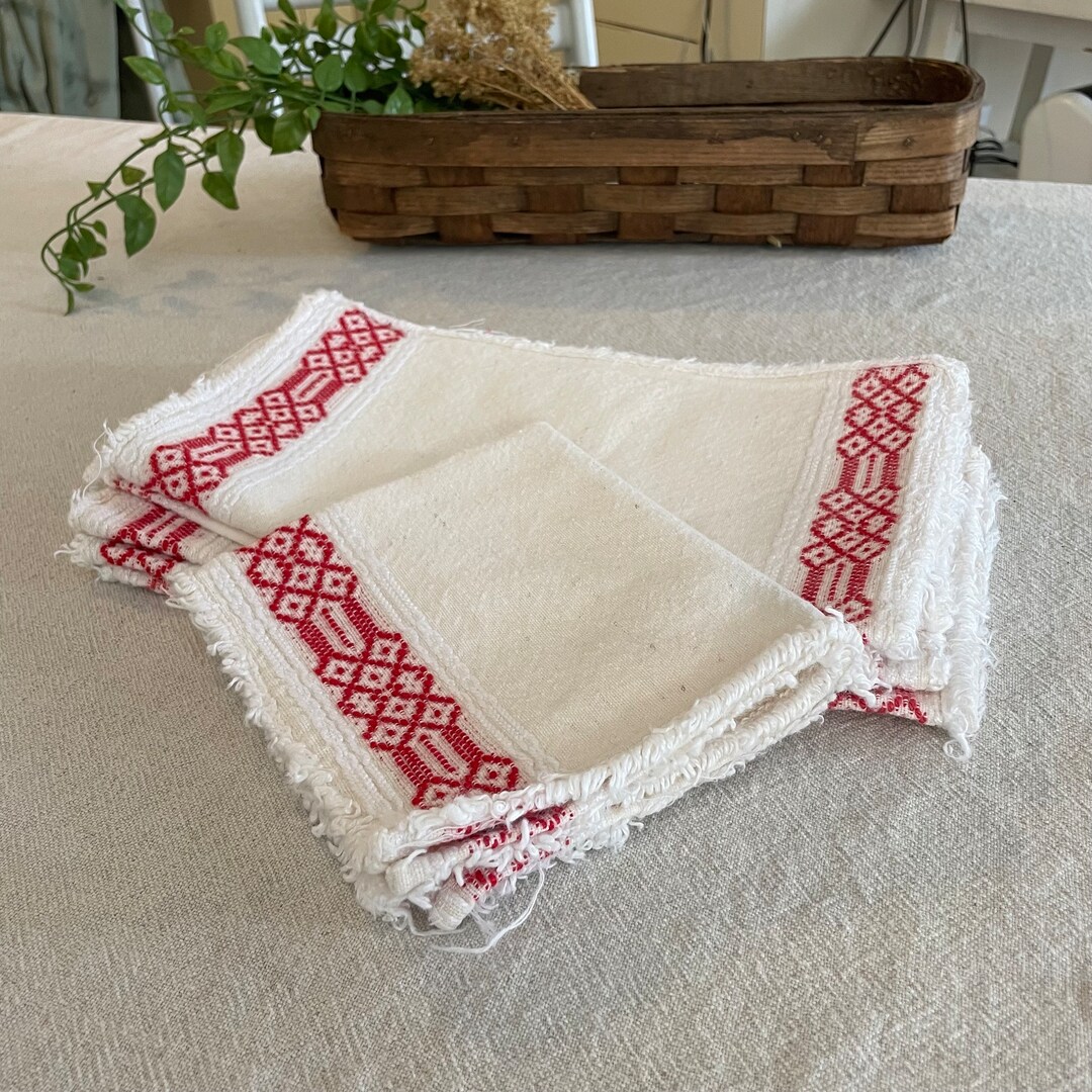6 Vintage Napkins With Red Border Design, Two Sets Available, Thick ...