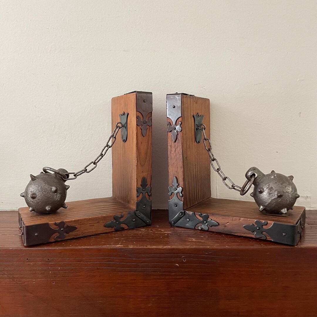 Medieval Gothic Wood Bookends With Cast Metal Ball and Chain, Medieval ...