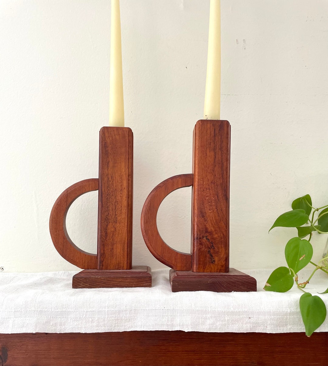 Pair of Vintage Wooden Candle Holders With Handle, Handmade Wooden ...