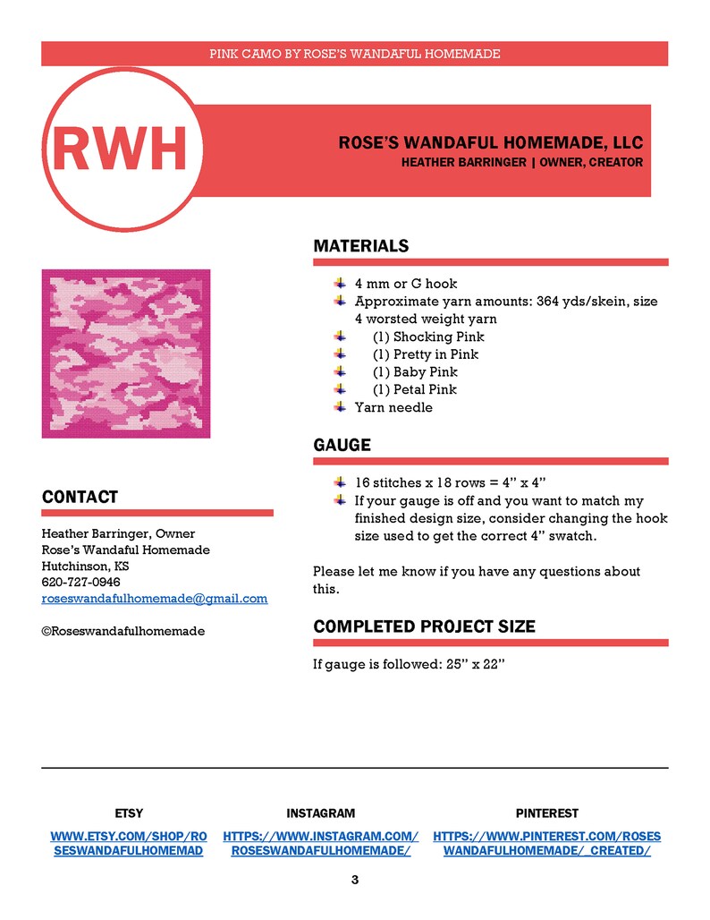 Crochet PDF Pattern Camo Camouflage Graphgan Shades of Pink Digital ...