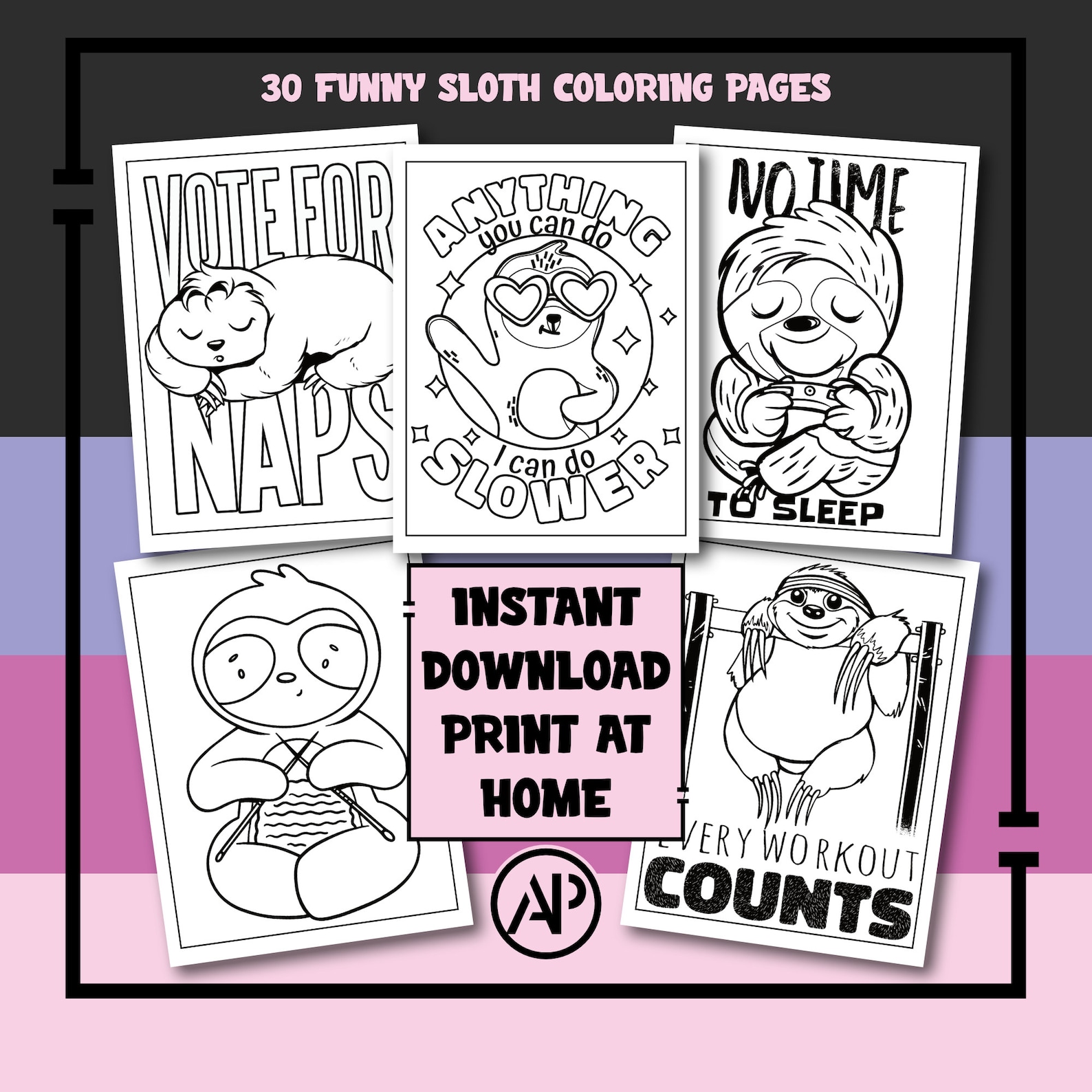 30 Printable Cute Sloth Coloring Pages for Kids and Adults, Digital ...