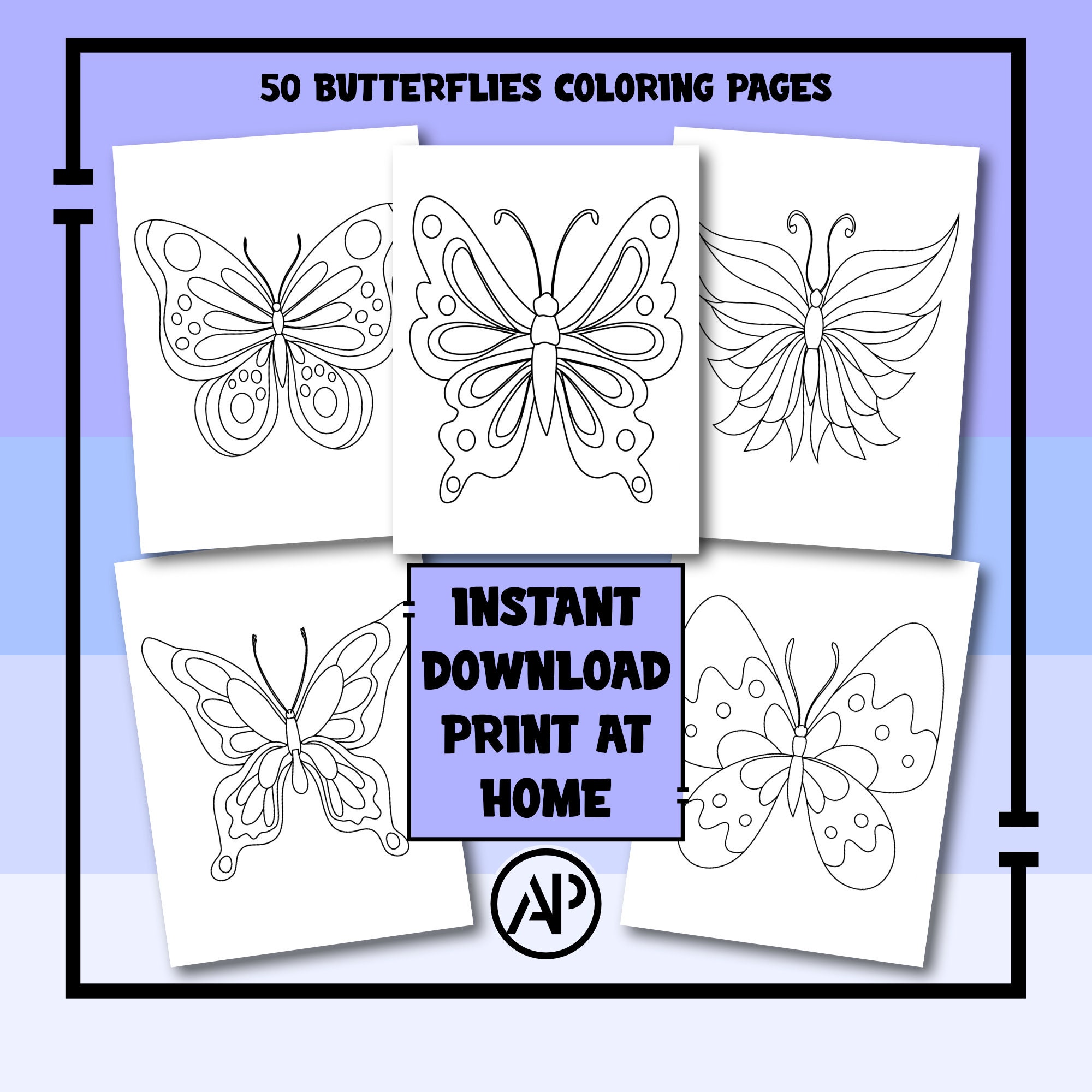 50 Butterflies Coloring Pages for Adults and Kids, Printable Butterfly ...