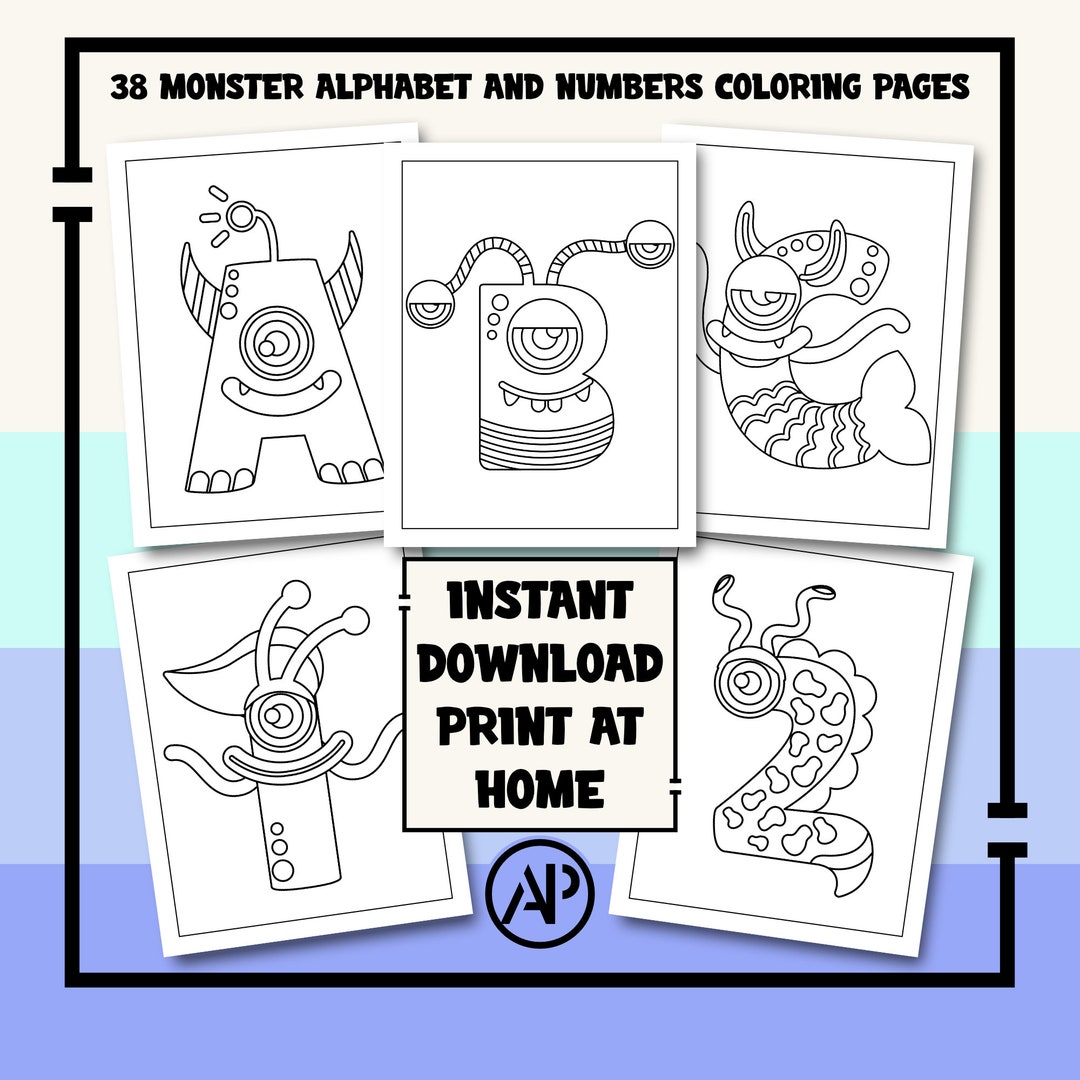 38 Monster Alphabet and Numbers Coloring Pages for Kids, Alphabet ...