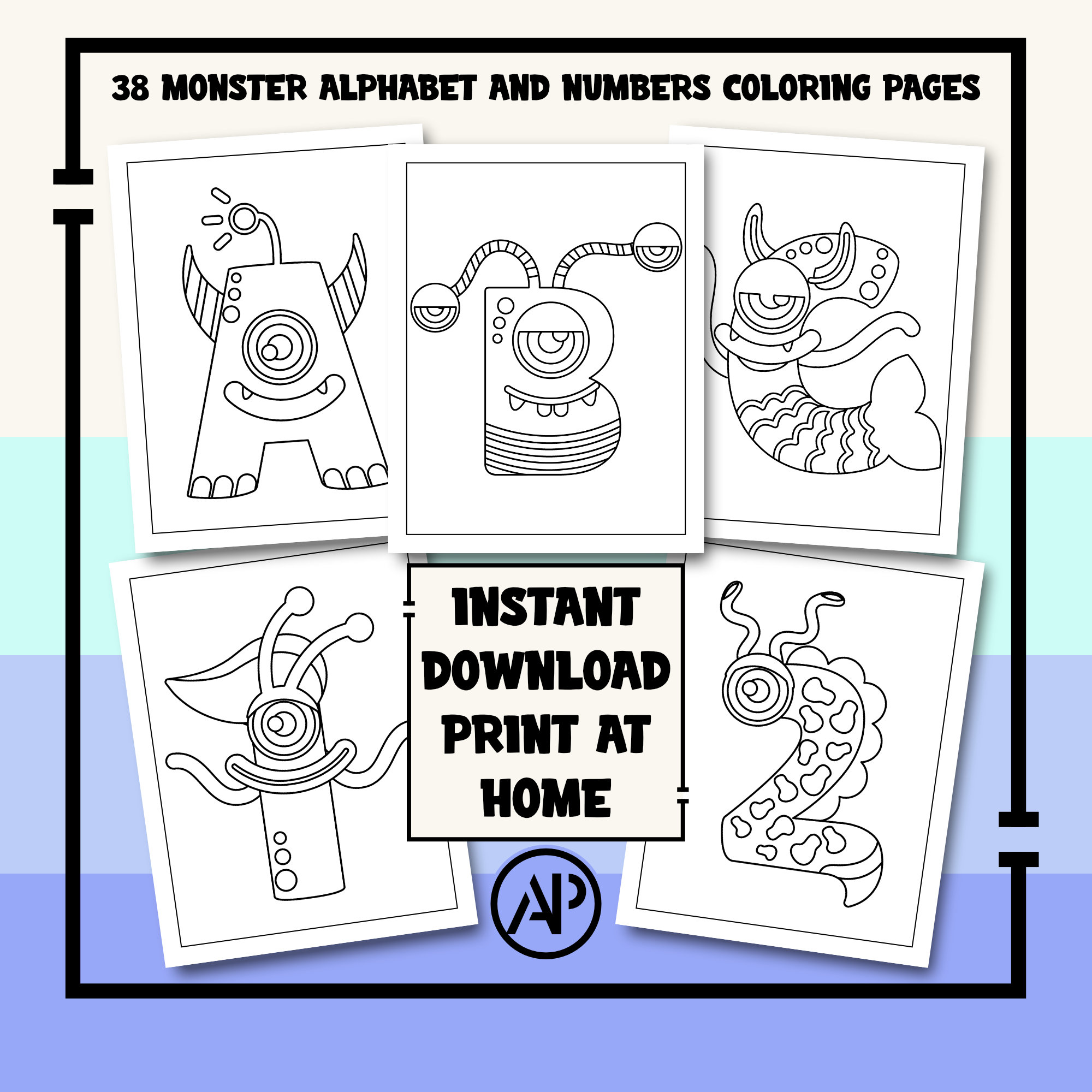38 Monster Alphabet and Numbers Coloring Pages for Kids, Alphabet ...