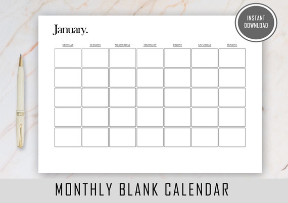 BLANK Monthly Calendar Minimal Layout Horizontal Landscape - Etsy