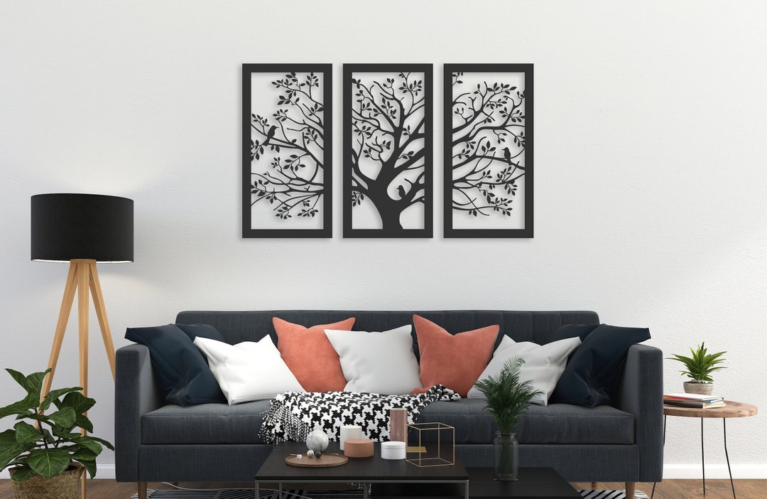 Metal 3 Panel Tree Wall Art, Unique 3 Piece Wall Art, Black Tree With ...
