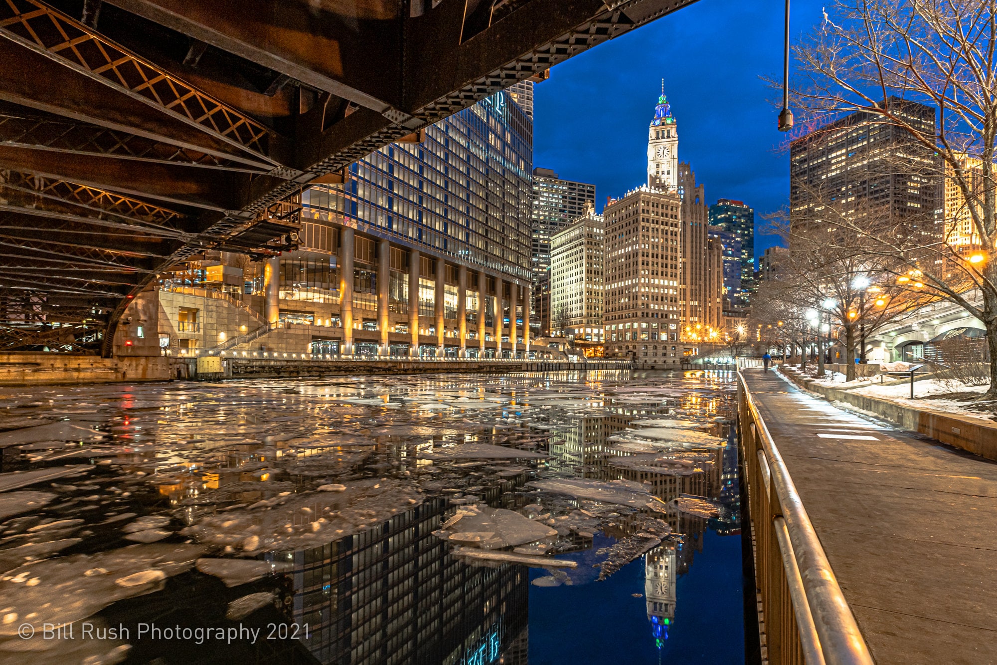 Chicago River Ice Flows Wrigley Building Winter Night Photography Urban ...