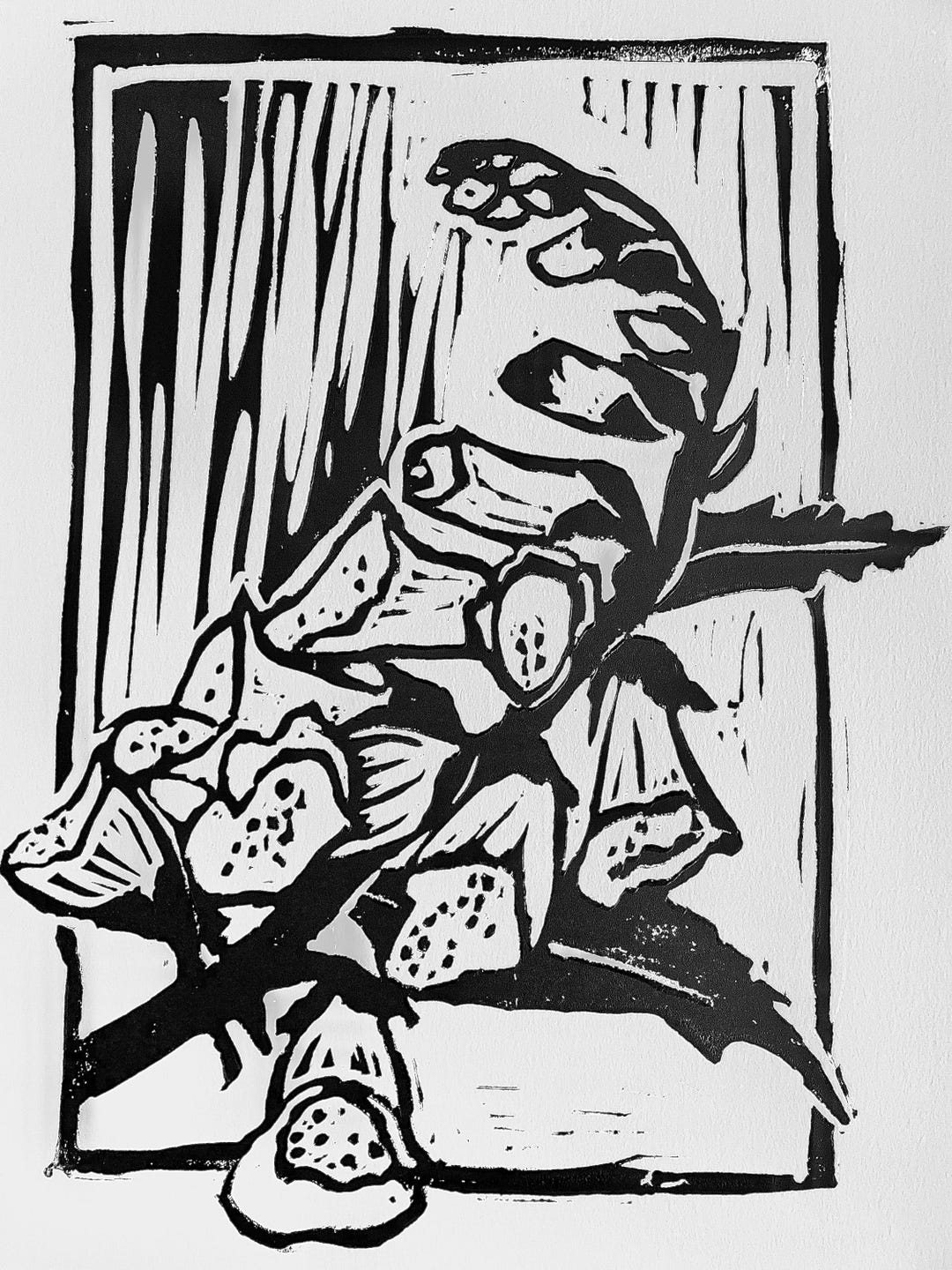 Foxglove Flower Linocut Artwork — Pollinator Favorite Digitalis ...