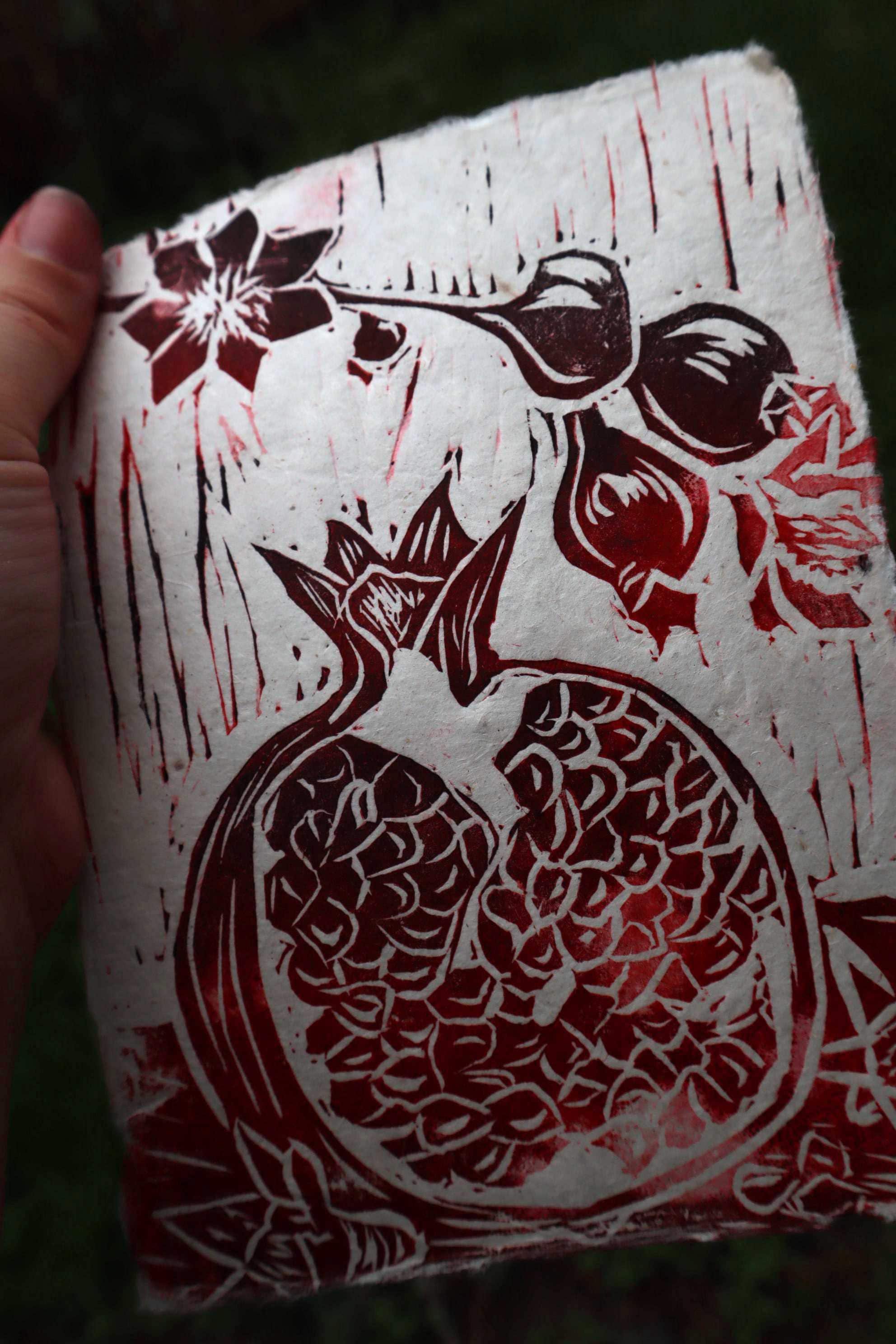 JUICY GEMS | Linocut Block Print | Pomegranate and Flower Artwork - Etsy