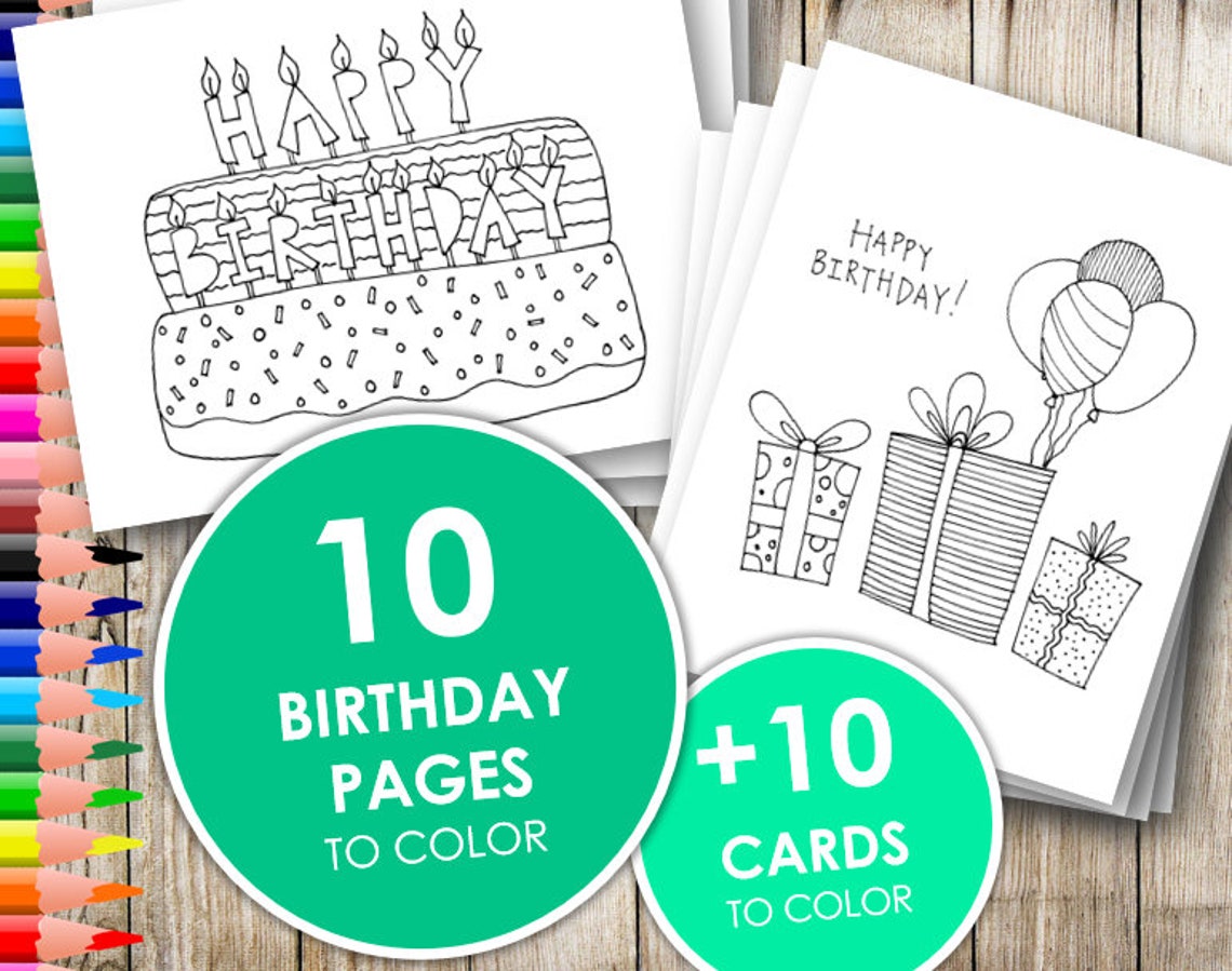 Printable Happy Birthday Coloring Pages and Cards Adult and - Etsy