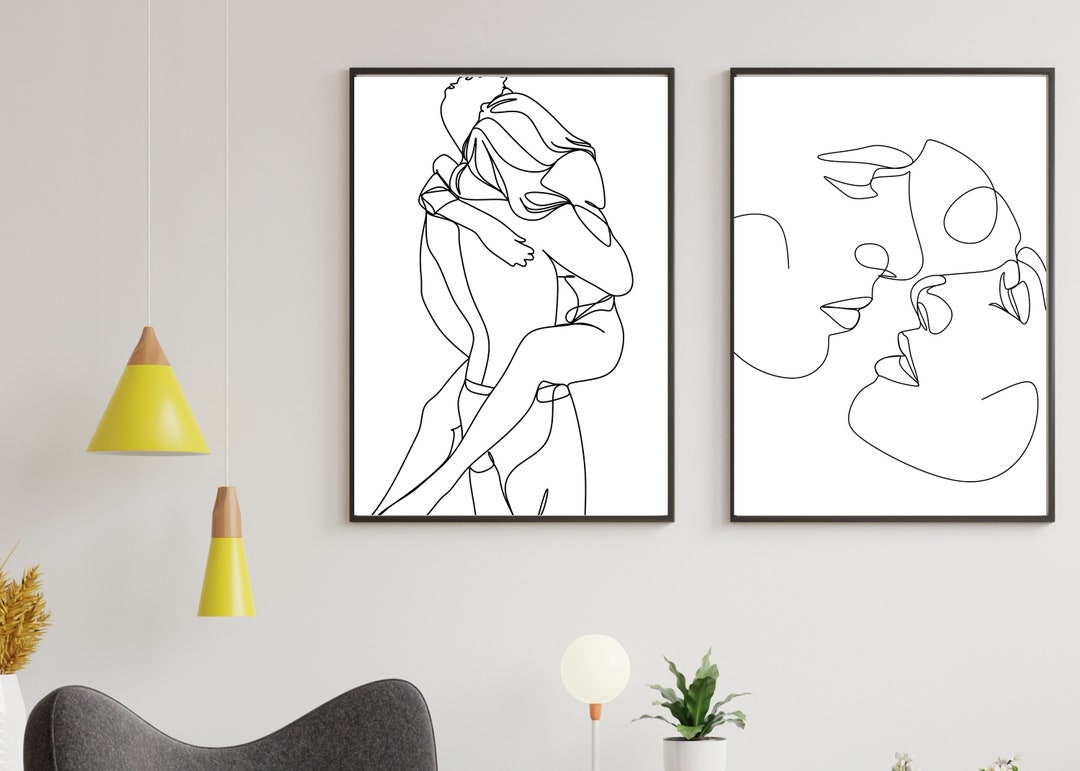 Set of 2 Line Drawing, Lovers Line Drawing Wall Art, Couple Wall Art ...
